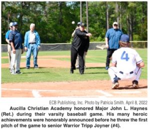 Major John L. Haynes (Ret.) throws first pitch at A.C.A. baseball game ...